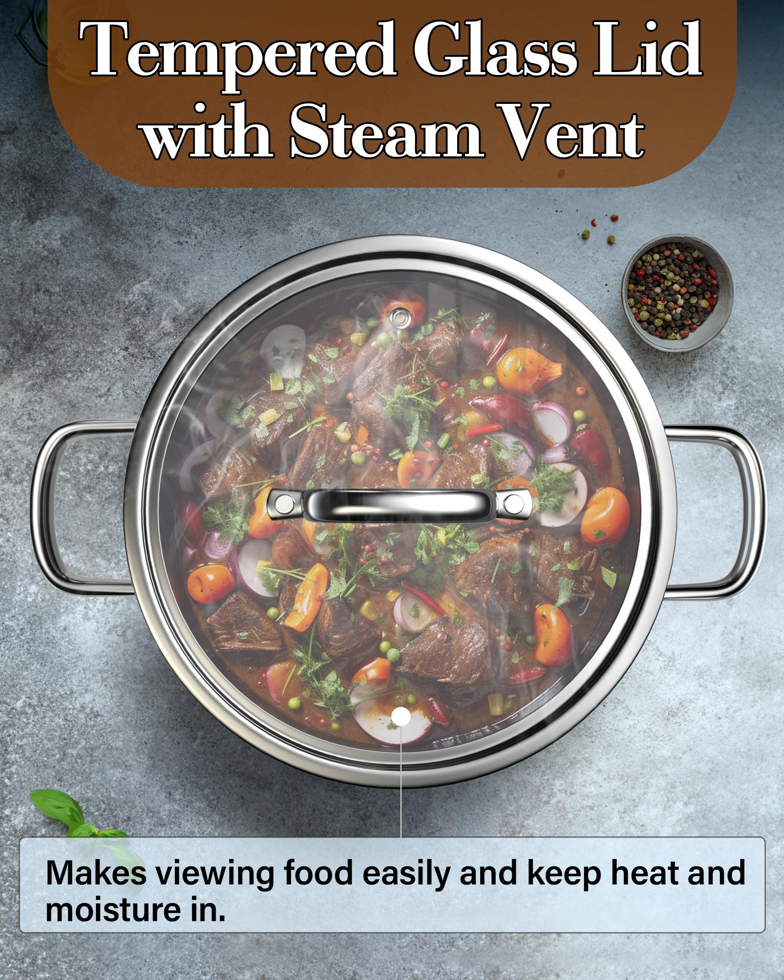 Cook N Home Stainless Steel Stockpot 8 Quart, Tri-Ply Clad Stock Pot with Glass Lid, Silver
