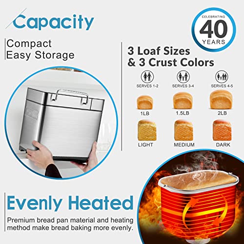 KEEPEEZ Bread Maker Machine, 2LB Premium Stainless Steel Bread Maker, 17-in-1 with Gluten Free, Jam, Yogurt, Dough, Auto Nut Dispenser, Ceramic Pan, 1Hour Keep Warm, 3 Crust Shades, 2 Paddles, Recipes