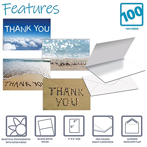 Thank You Cards with Envelopes (100 Pack), 4 Cover Designs, Blank Inside, by Better Office Products, All Occasions, Serenity Collection, 100 Pack