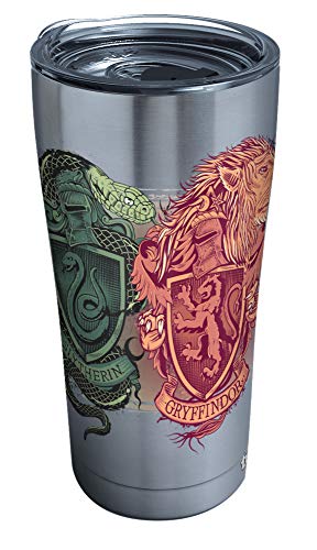 Tervis 1295912 Harry Potter-Illustrated Crests Insulated Tumbler with Clear and Black Hammer Lid, 20 oz Stainless Steel, Silver