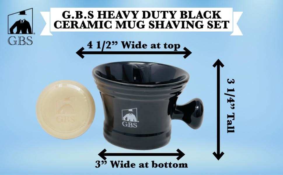G.B.S Heavy Duty Black Ceramic Shaving Bowl, Mug with Natural Shave Soap – for use with up to 3” Shaving Soaps and Lathering Shave Cream Cup – Pommel Handle (Black)