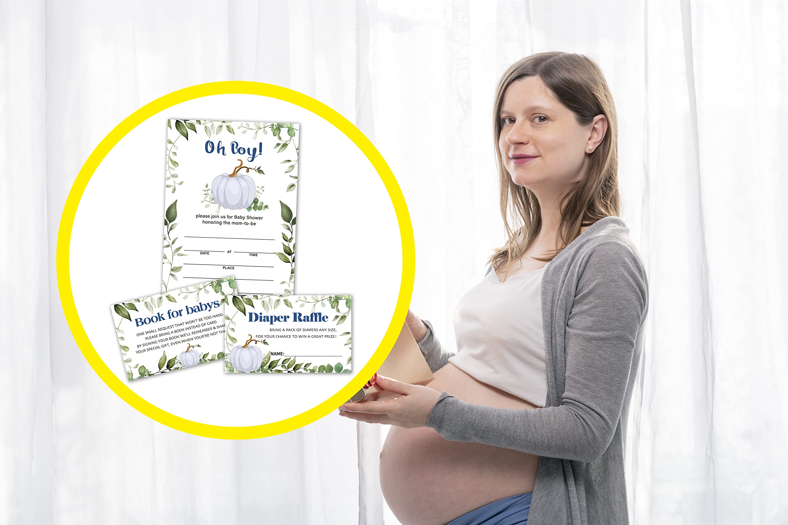 Autumn White Pumpkin Greenery Baby Shower Set, Diaper Raffle Cards, Books, Invitations With Envelopes, Set of 100 Pieces With Envelopes,BBTZK-004