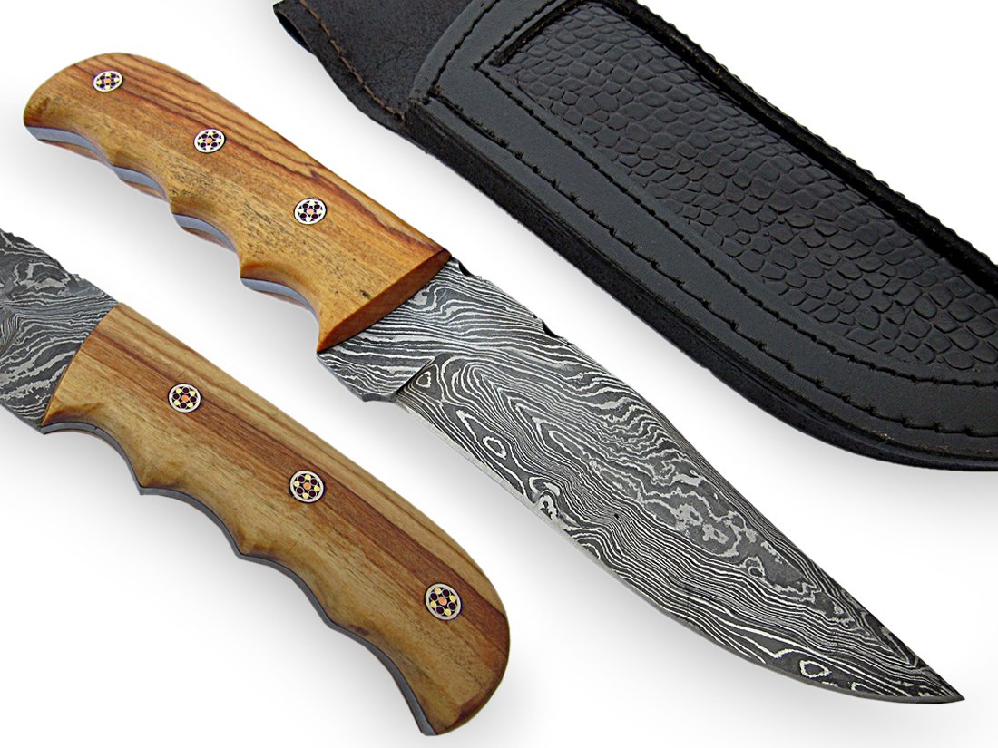AishaTech Savage Fixed Blade Hunting Knife Damascus Steel Blade Wood Handle w/Mosaic Pin