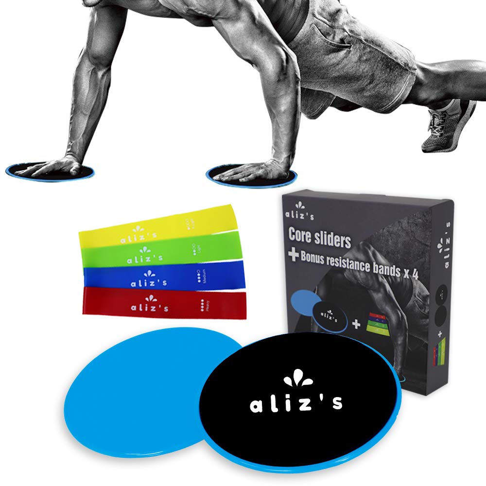 Aliz's Core sliders - Strength slides - Gliding discs - Ab gliders (pack of 2) and Resistance Bands (pack of 4)-UPGRADED - User Guide and Carry Bag Included