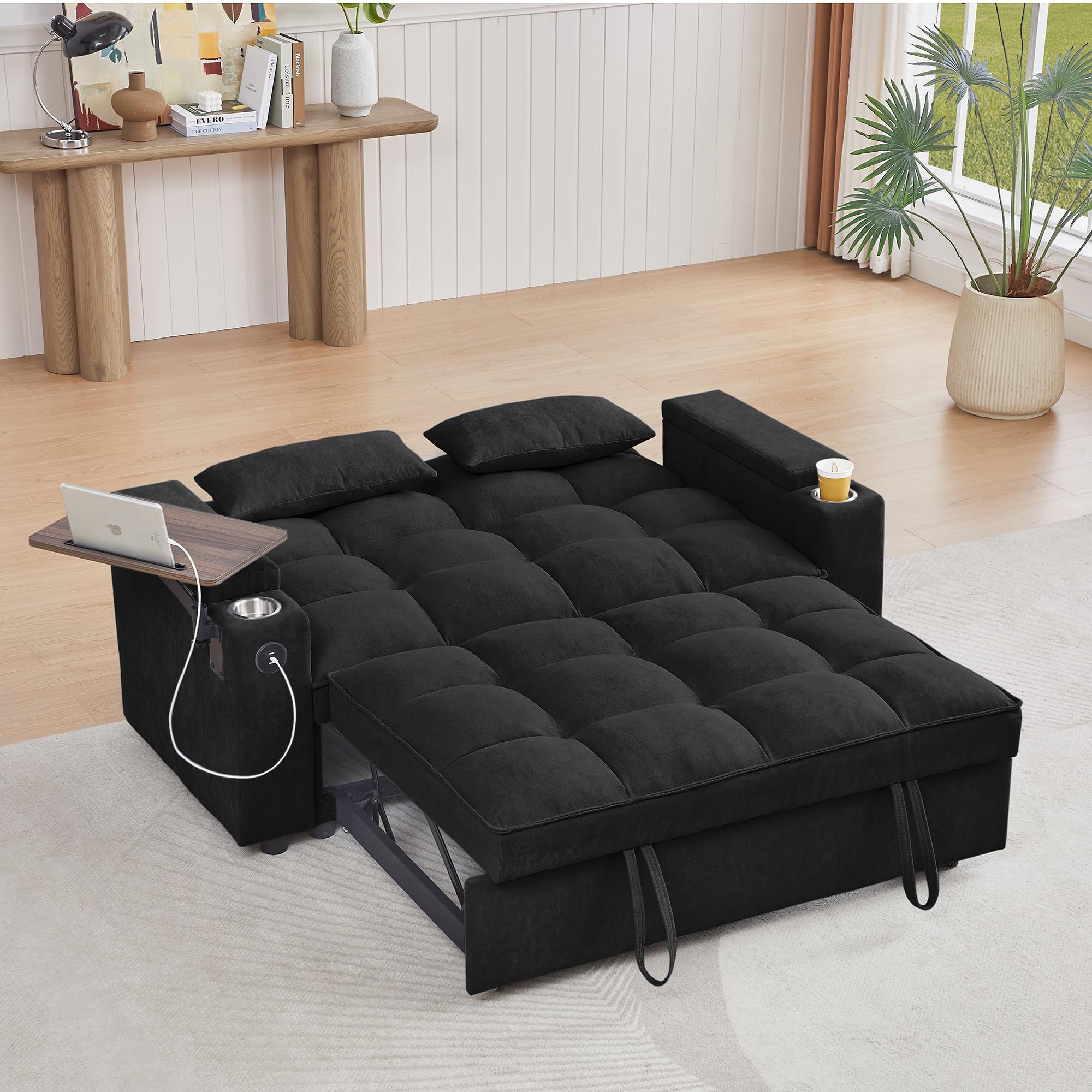 Auvsoce 65'' Convertible Queen Size Sleeper Sofa Bed.Modern Chenille Fabric Sofa with Pull Out Bed and 360 Degree rotatable Side Table for Living Room,RV, Trailer, Basement, Big Horn (Black)