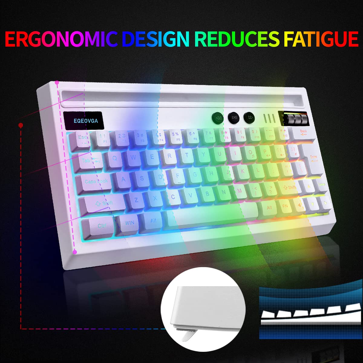 EQEOVGA L640 60% Wireless Gaming Keyboard,3300mAh Battery 2.4G Wireless Stand Design,RGB Backlit Waterproof Mini Compact 63 Key for PC/Mac Gamer, Typist, Travel, Easy to Carry on Business Trip(White)