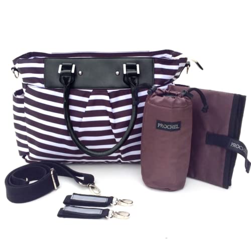 Prochel Diaper Bag Set Striped Crossbody Shoulder Tote Purse Black White (Black)