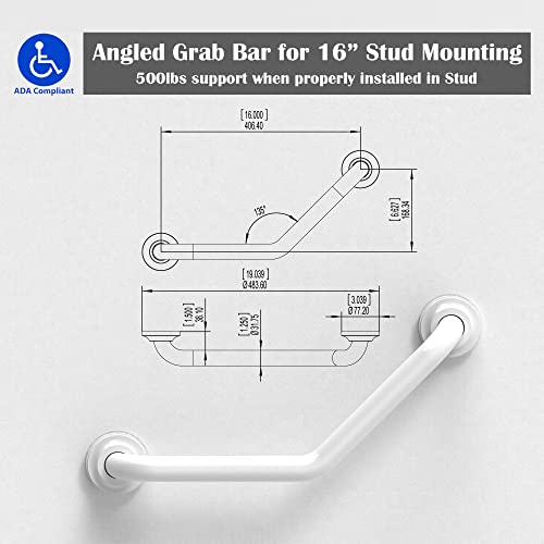 AquaChase 1-1/4 x 16inch Angled Grab Bar for Stud Mount with Knurled Grip, Bathroom Mobility Aid, ADA Compliant Heavy Duty 500lbs Support, Rustproof Stainless Steel (Brushed Nickel)