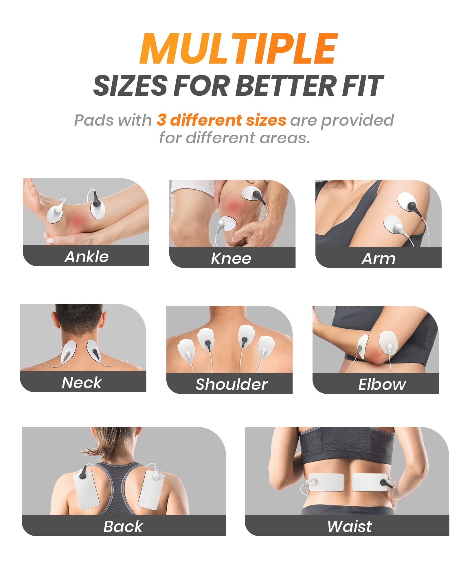 AVCOO 20-Pack TENS/EMS Unit Replacement Pad for More Than 50 Times Use, Multi-Size TENS Unit Replacement Pads Certificated Latex-Free, Compatible with TENS Devices Using 3.5mm Button Connector Leads