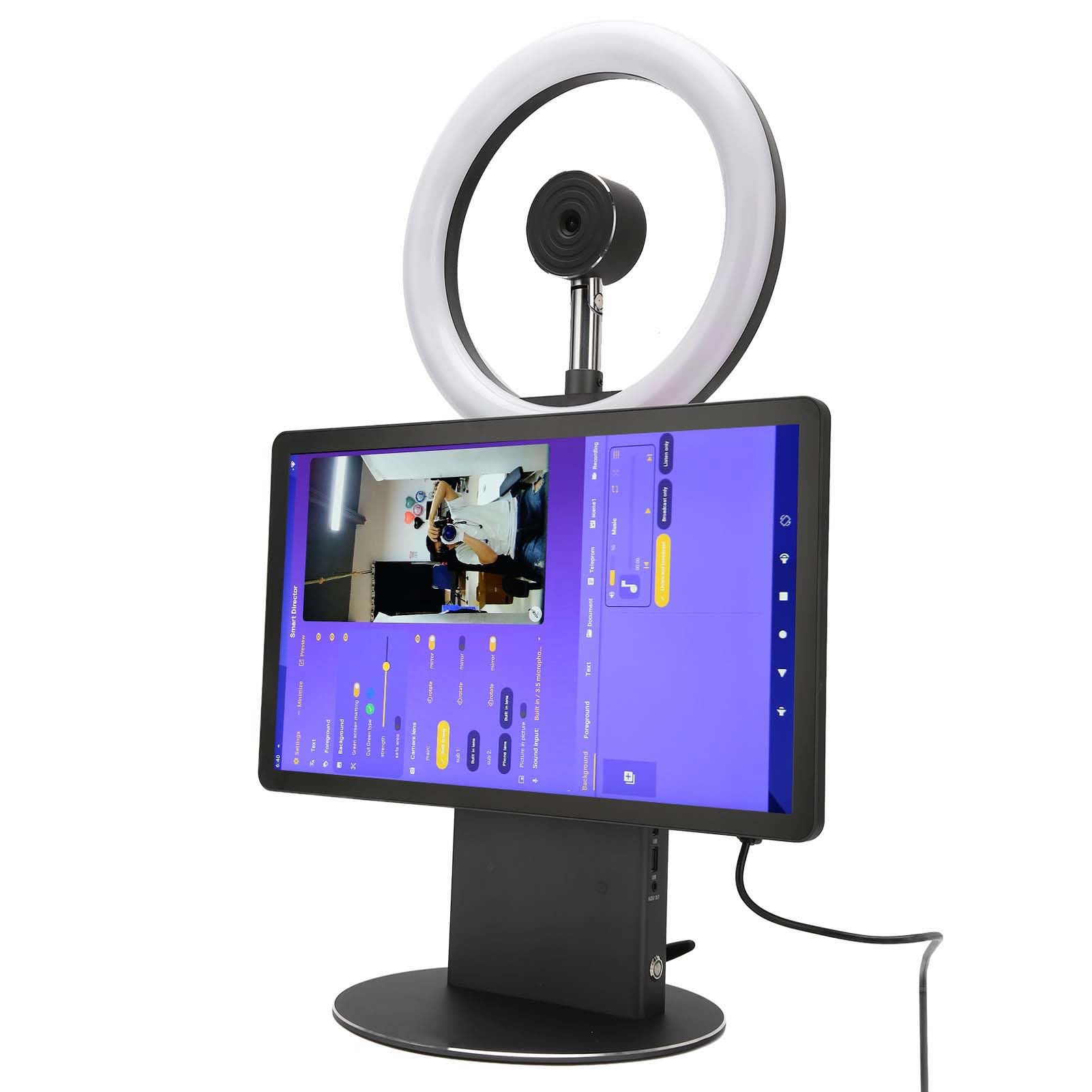 All in One Live Broadcast Machine, 8 Core 6nm CPU 15.6inch FHD Desktop Live Streaming Equipment 5.0 2.4G 5G WiFi with 10 Inch Fill Light for Home (US Plug)