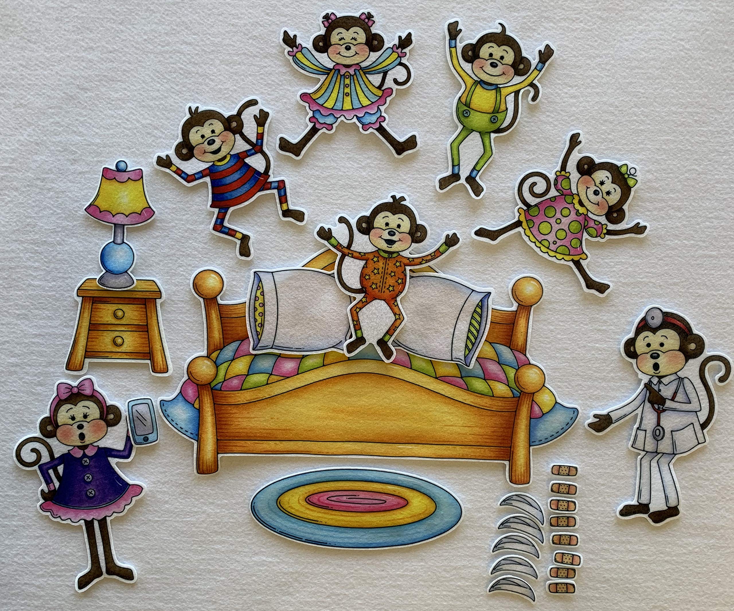 Five Little Monkeys Jumping On The Bed Felts Flannel Board Story 26 pieces PRECUT plus 6 coloring/activity pages lesson suggestions