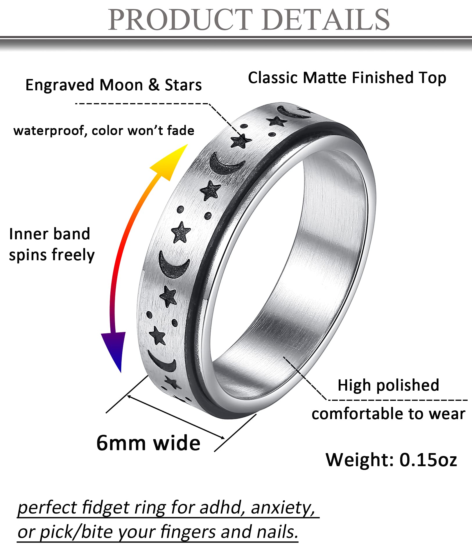 ALEXTINA Anxiety Ring for Women Fidget Ring Moon Star Ring Anti Anxiety Spinner Ring Spinning Ring for Anxiety Stress Relief Gift, Size 11