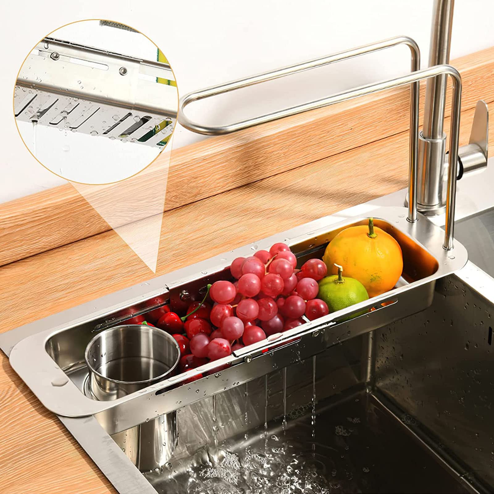 AJIODA Kitchen Sink Caddy Sponge Holder, Expandable Sink Storage Rack with Dishcloth Towel Holder & Residue Filter, Stainless Steel Multi-Functional Over Sink Kitchen Caddy Drying Rack Drain Rack