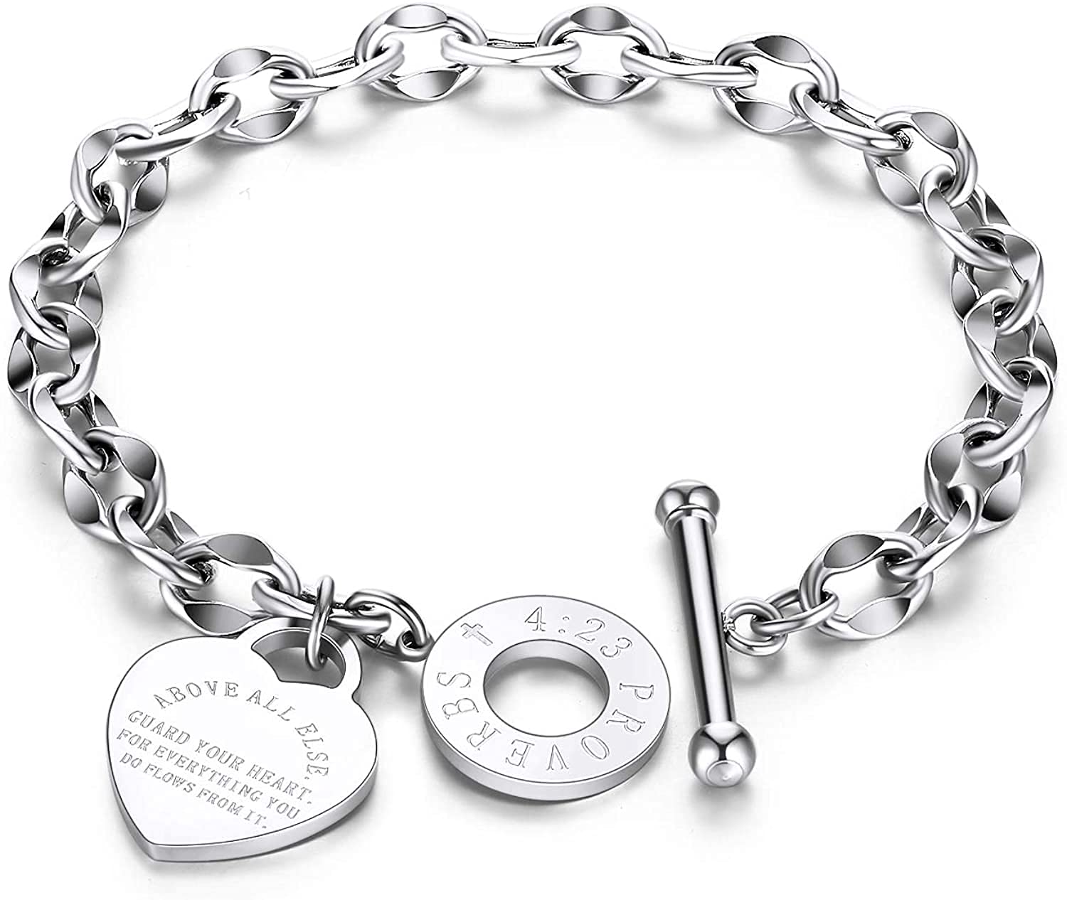 ALEXTINA Dainty Stainless Steel Heart Charm Bracelets Oval Link Chain Bracelet Gifts for Mom Women Teen Girls Toggle Clasp, Silver 7.5"