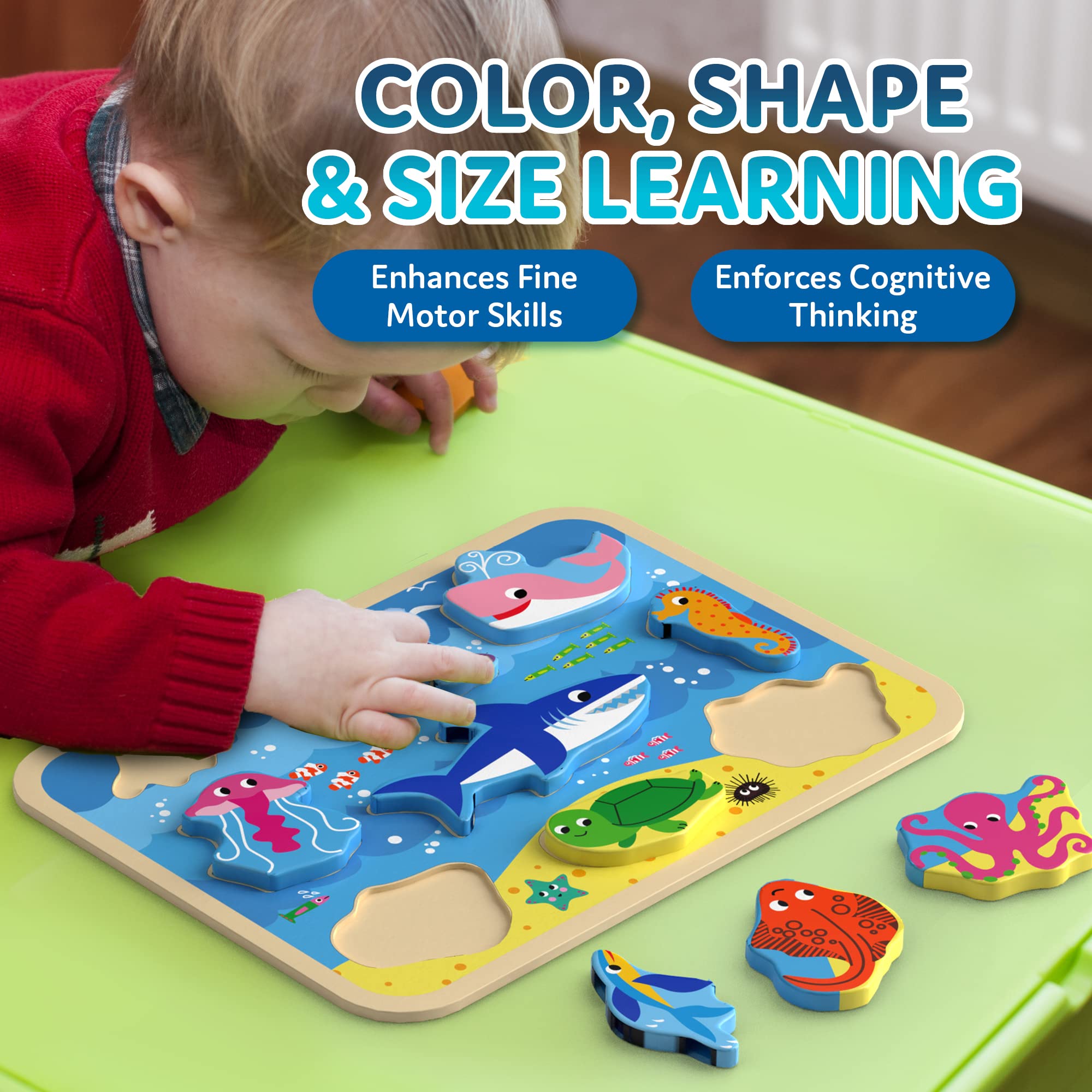 CoolToys Stack n’ Sort Toddler and Baby Learning Toys Set - 3 Fine Motor Skills Educational Toys for Toddlers, Wooden Stacking Rings, Stacking & Nesting Cups, Wooden Baby Puzzle, Ocean Theme