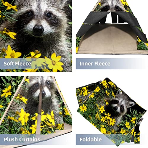 enheng Small Pet Hideout Raccoon Sitting Yellow Flowers Hamster House Guinea Pig Playhouse for Dwarf Rabbits Hedgehogs Chinchillas