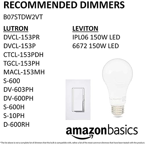 Amazon Basics 15 W Equivalent, Daylight White, Dimmable, 10,000 Hour Lifetime, A19 LED Light Bulb, 2-Pack