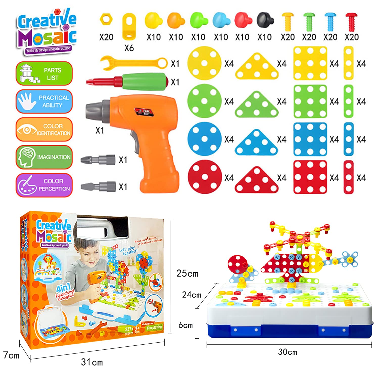 Haifeng 237 Pieces Creative Mosaic Toy Drill Puzzle Set for Kids, STEM Learning Educational Toys, Drill and Screwdriver Engineering Building Kit for Boys and Girls Ages 3 4 5 6 7 8 9 10 Year Old