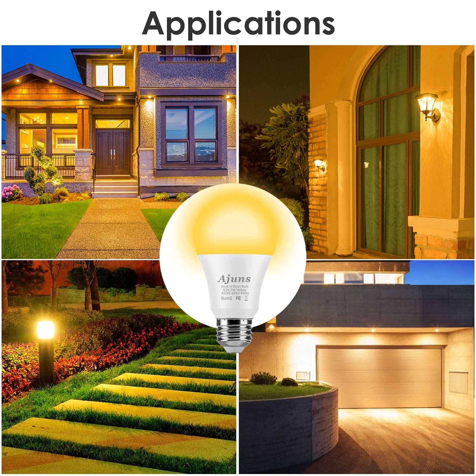 Ajuns Dusk to Dawn Bug Bulb Outdoor Sensor Yellow Bug Light Bulbs Automatic On/Off,for Terrace, Deck, Backyard, Porch, 7W Yellow Lights 2000K, 2 Packs