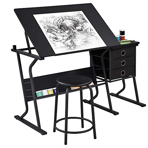 Topeakmart Height Adjustable Drafting Table Art Craft Desk Work Station Hobby Design Studio Tiltable Tabletop Drawing Desk with Stool & Storage Drawers ‎50.5 x 23.6 x 43.7 inches