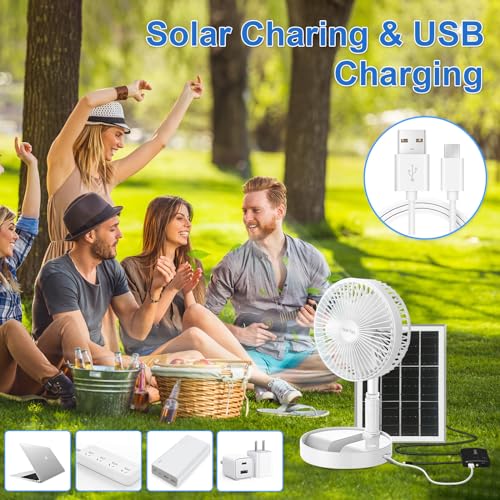 AKOFIC Portable Standing Fan with Solar Panel, Battery & Solar Powered Fan for Travel, 8" Rechargeable USB Foldable Compact Pedestal Fan, 3 Speeds Quiet Telescopic Desk Fan for Home Bedroom Camping
