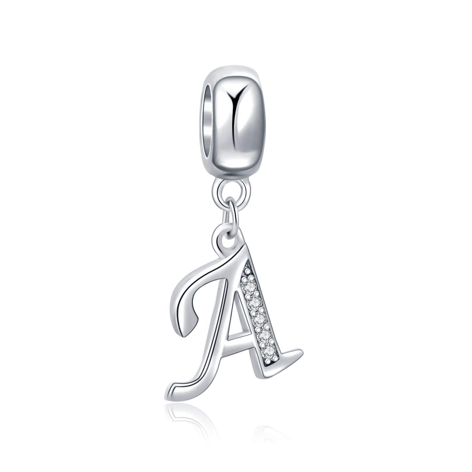 925 Sterling Silver Charms Alphabet Beads fit Pandora Charm Bracelets A-Z Letter Initial Spacer Dangle Clear CZ Stone Authentic for Snake Chain Bracelets (A)