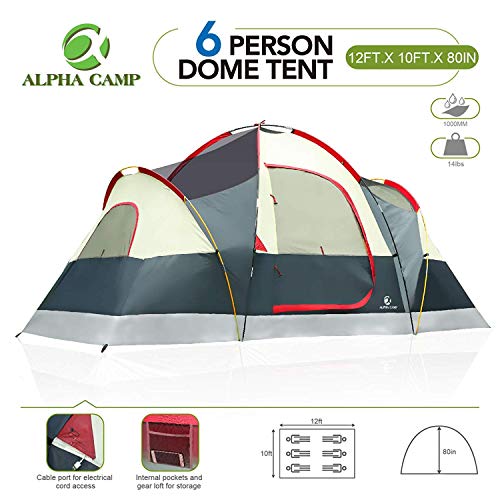 ALPHA CAMP 6 Person Tent Extended Dome Tent for Camping Waterproof with Rainfly and Carry Bag - 12' x 10' (Red)