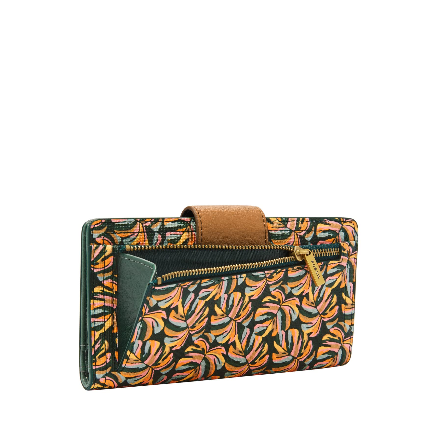 Fossil Women's Logan Faux Leather Wallet RFID Blocking Tab Clutch, Green Multi Palm (Model: SL6585335)