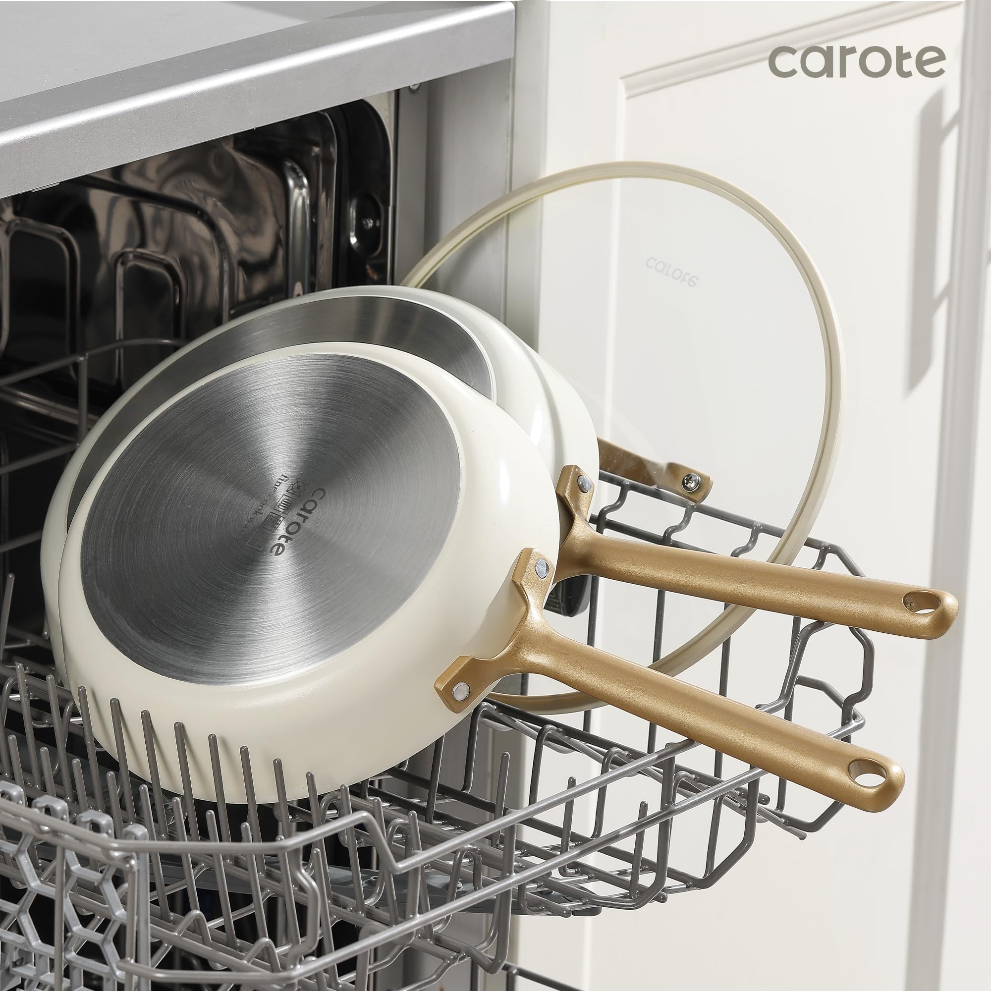 CAROTE 12PCS Saudi Collection Nonstick Cookware Set, Pots and Pans Set Non Stick, Dishwasher Safe, Oven Safe Up to 500ยฐF, Cream and Gold