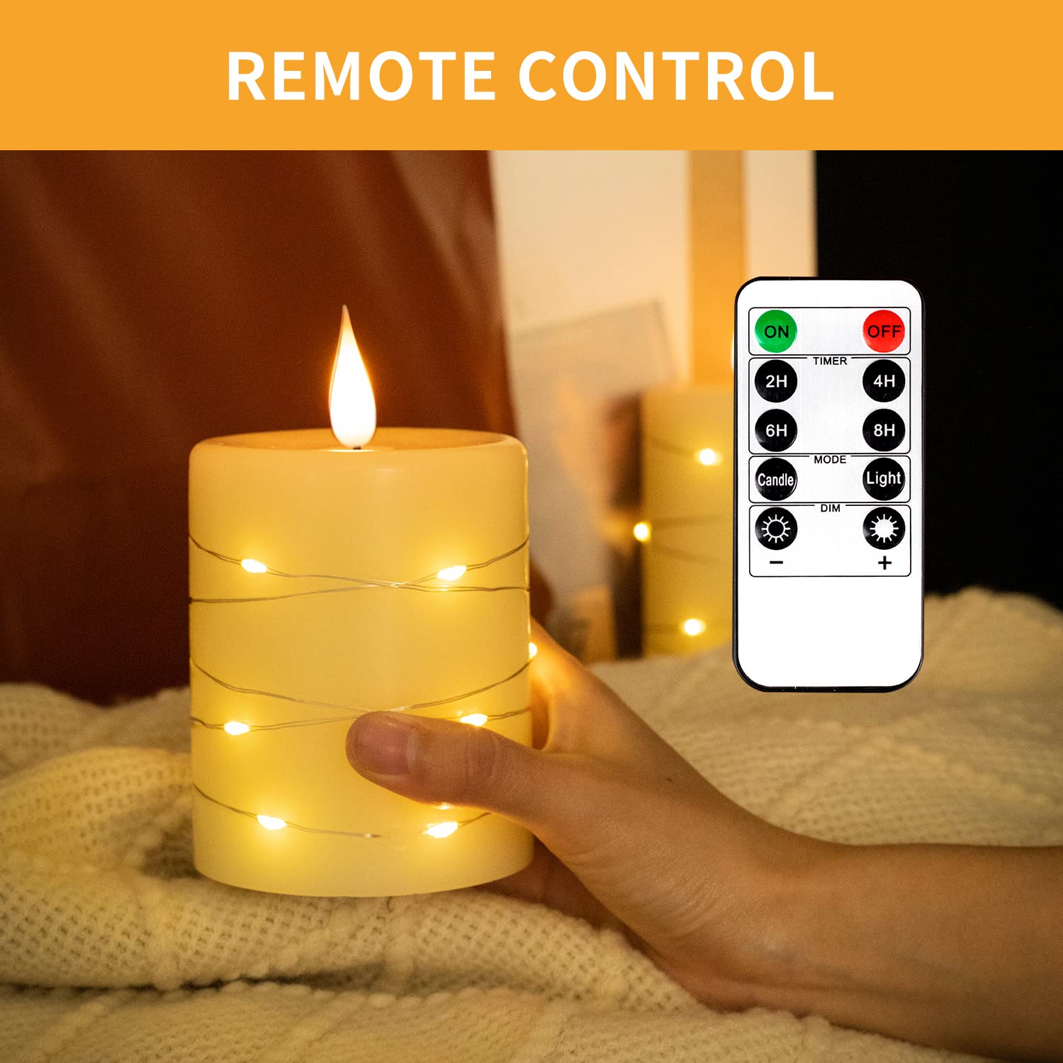 Flameless Battery Operated Flickering Valentine's Romantic Candle,with Embedded String Lights 3 Pack LED Electric Candle with 10-Key Remote Control, Dancing Flame, Real Wax(Batteries not Included)