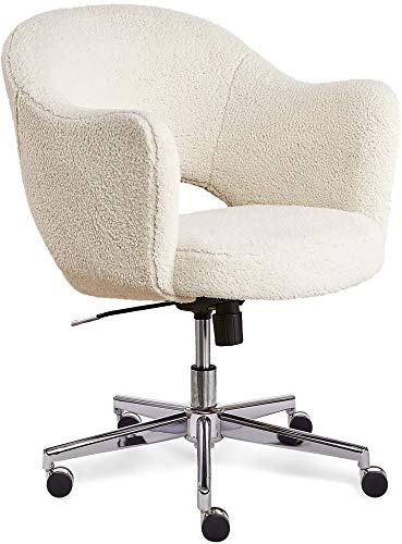 Serta Valetta Office Desk Memory Foam Padding, Midcentury Modern Style, Chrome-Finished Stainless-Steel Base, Home Chair, Cream Fuzzy Faux Fur