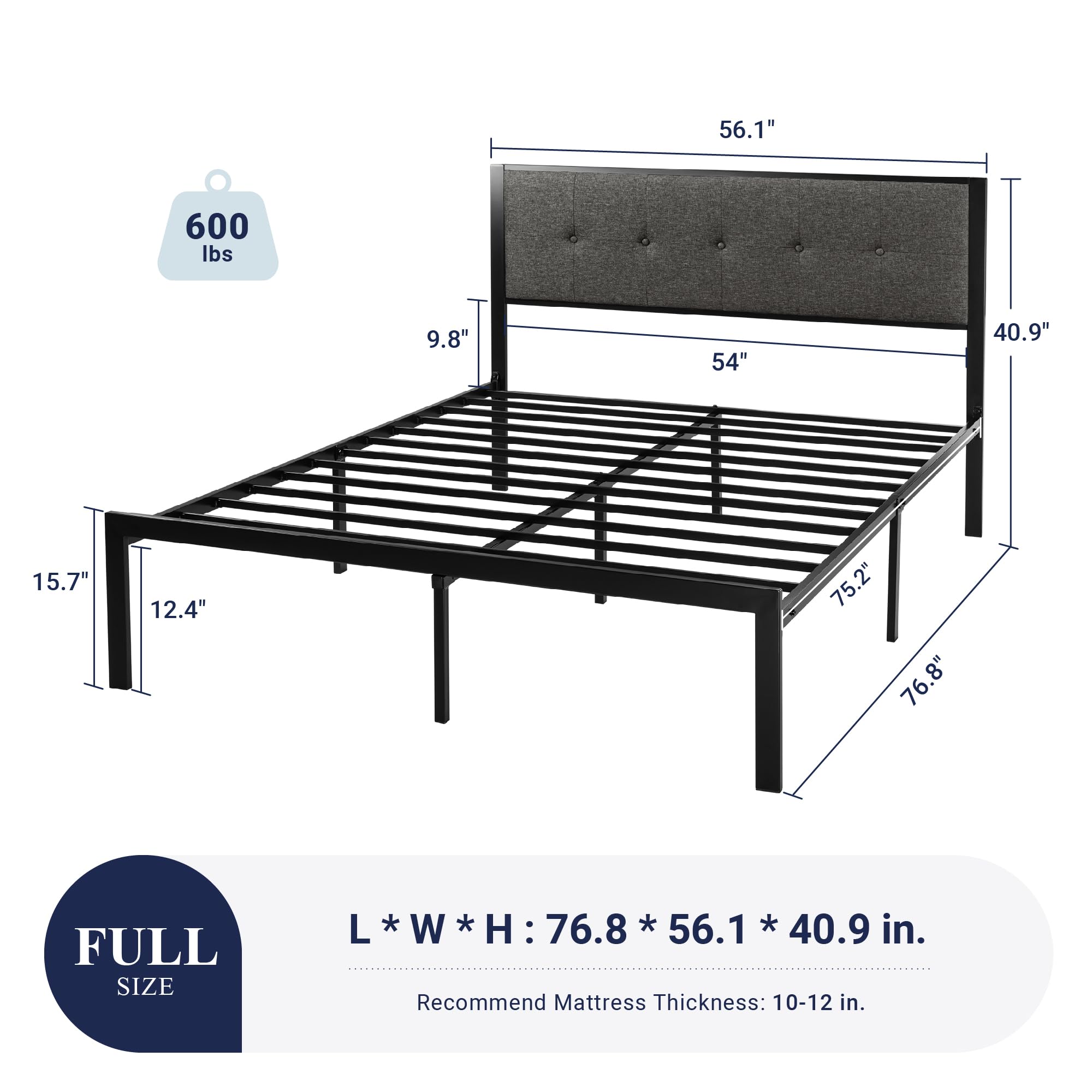 Allewie Full Size Bed Frame with Upholstered Button Tufted Headboard, Platform Bed Frame with 12.4" Underbed Storage, No Box Spring Needed,Noise Free, Easy Assembly, Dark Grey