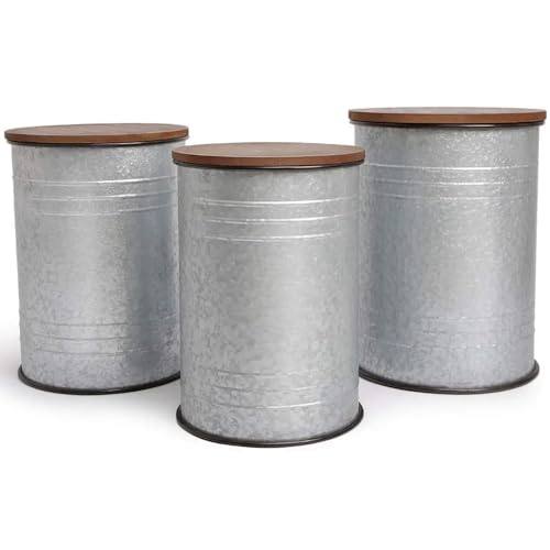 Hallops Farmhouse Accent Side Table | Galvanized Rustic Coffee Table | Metal Storage Ottoman Wood Cover | Farmhouse Decor Storage Box (Set of 3, Silver)
