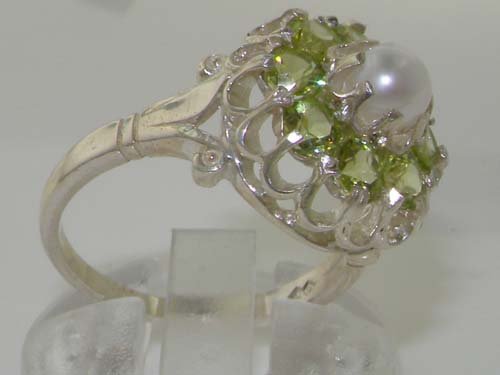 925 Sterling Silver Cultured Pearl and Peridot Womens Band Ring - Size 10