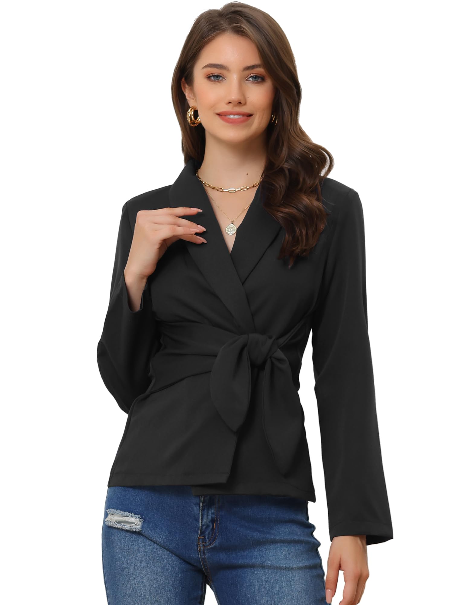 Allegra K Women's Elegant Blazer Lightweight Jacket Tie Front Shawl Collar Long Sleeve Top Large Navy Blue