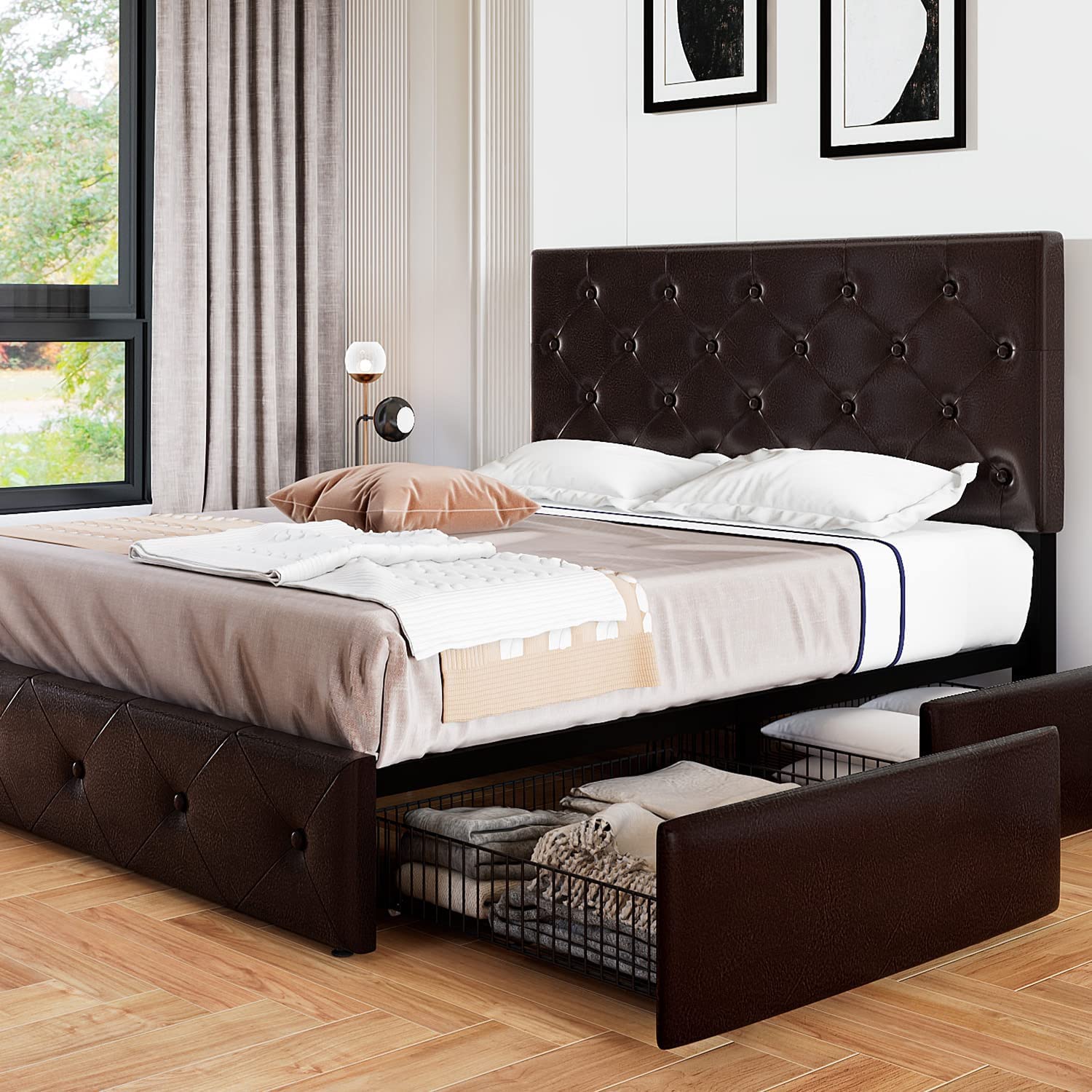 Allewie Queen Size Platform Bed Frame with 4 Storage Drawers and Adjustable Headboard, Diamond Stitched Button Tufted Faux Leather Upholstered Mattress Foundation, No Box Spring Needed, Black Brown