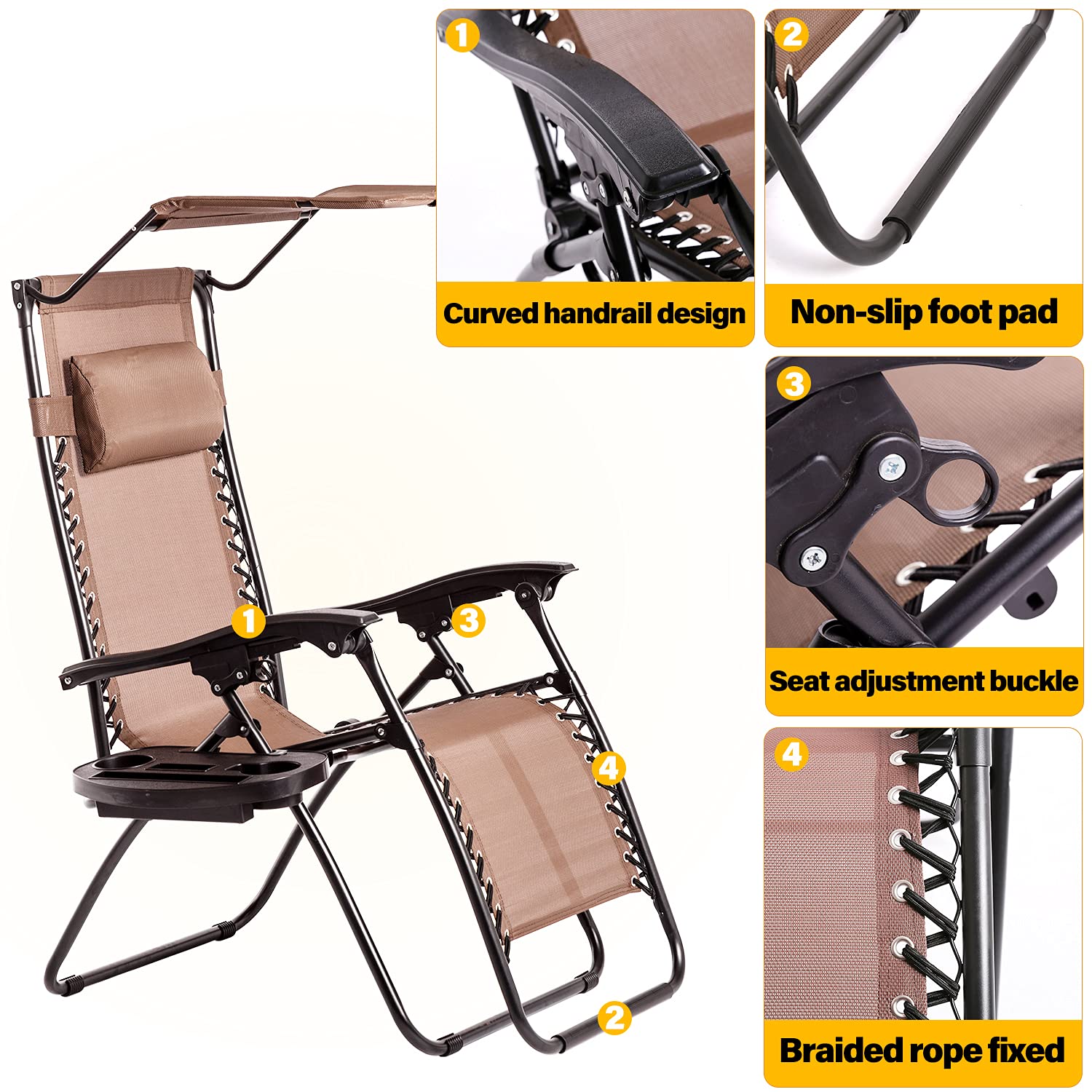 BMS Lounge Chairs with Canopy Cup Holder for Patio Balcony Poolside, Brown