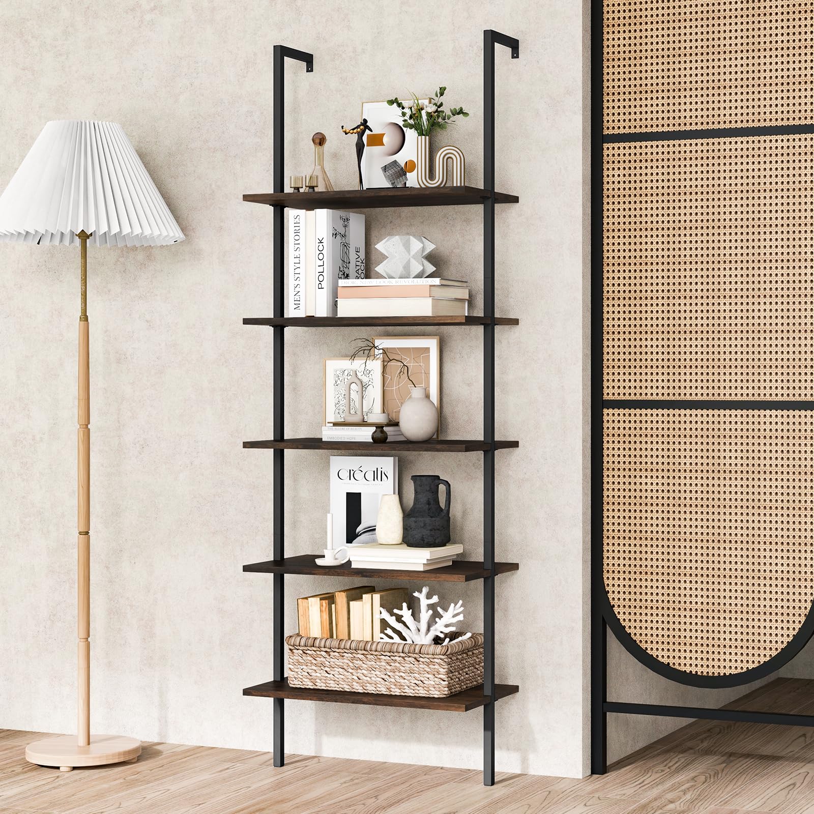 Tangkula 5-Tier Bookshelf, Modern Wall Mounted Ladder Shelf, 5 Tiers Wood Wall Open Bookcase with Metal Frame, Home Office Display Storage Shelves for Collection, Plant Flower Stand (1, Brown)