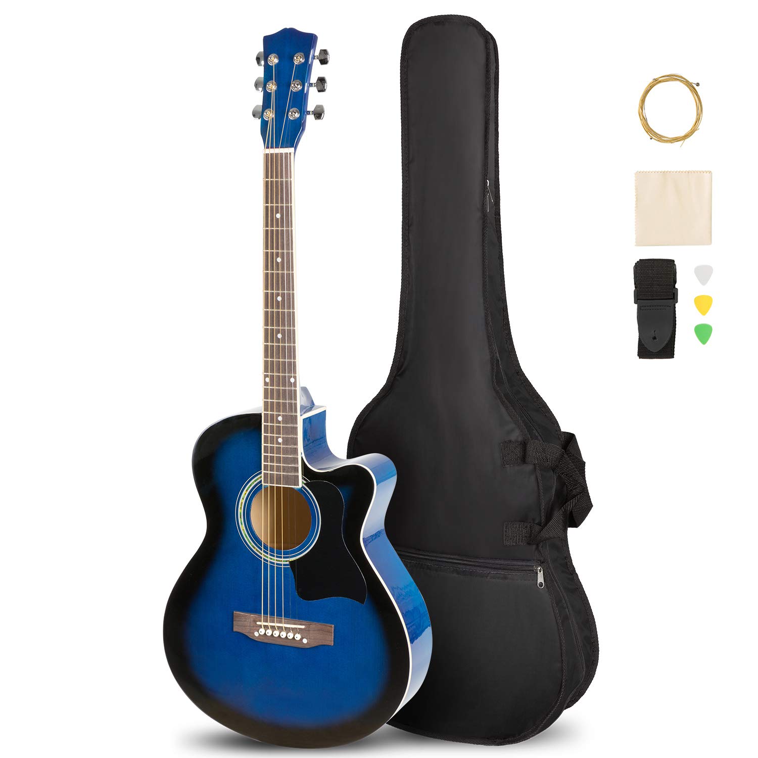 ALIMORDEN 39 Inch 6 Strings Basswood Cutaway Acoustic Matte Guitar Beginner Pack, Handcrafted Guitar Student Kit with Gig Bag, Extra Strings, Strap, Picks, Glossy Blue