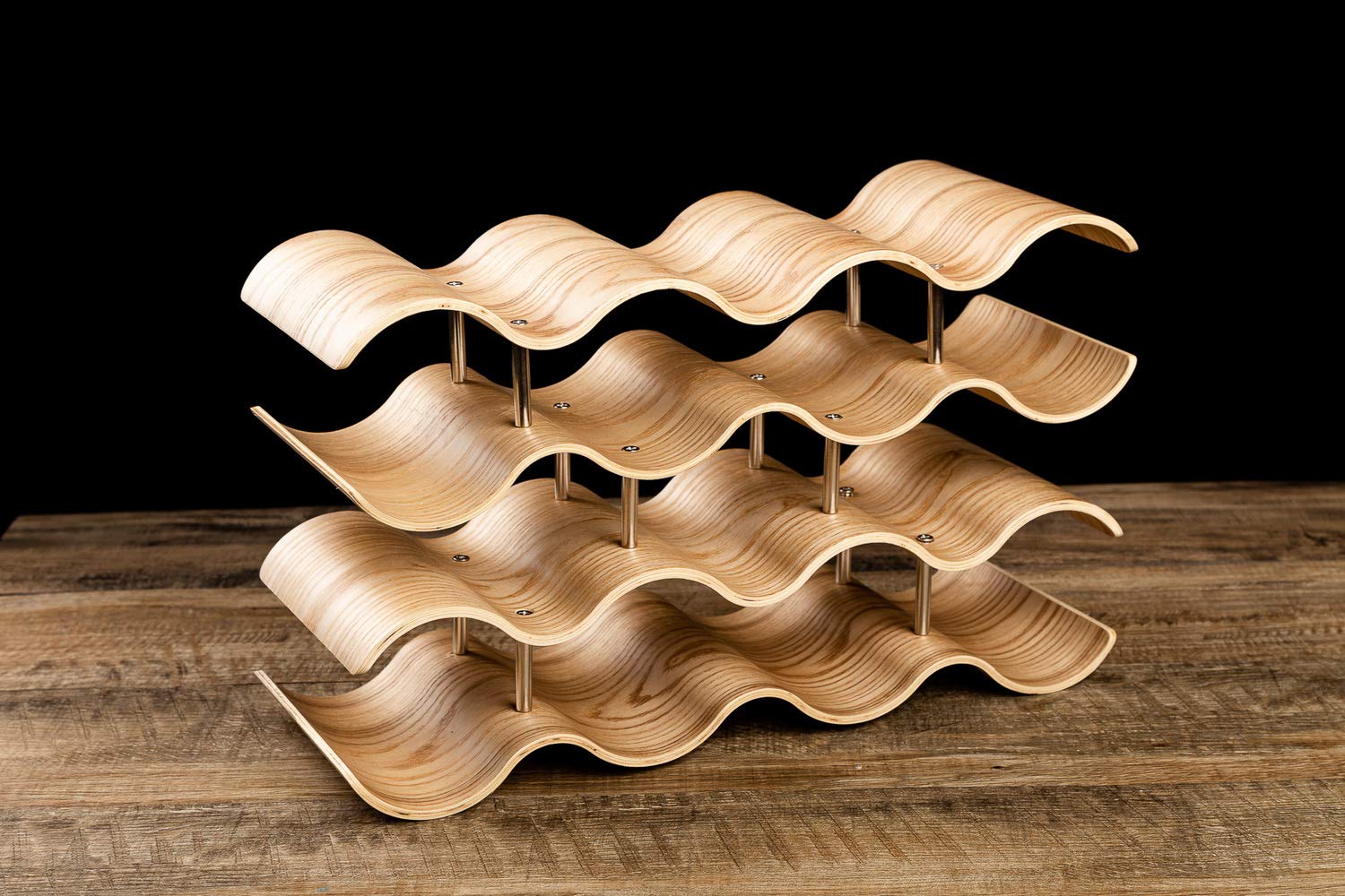 Asian Home 14 Bottle 4-Tier Wave Desktop Wine Rack Freestanding Countertop Bottle Holder for Wine Storage, Wood, Modern and Minimalist