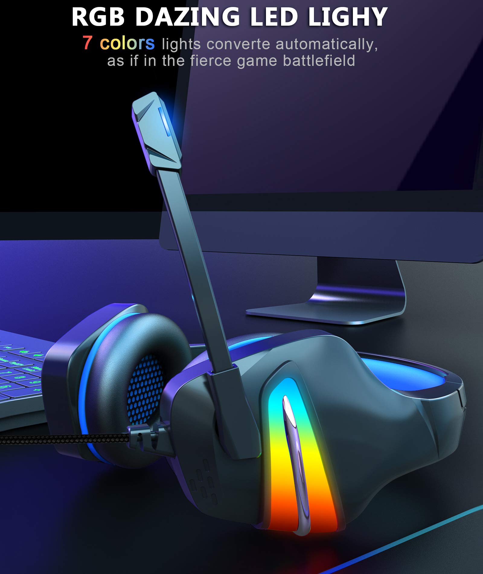 LMPOHO PC Gaming Headset with Stereo Surround Sound, J6 Wired Computer Over Ear Headphones for PS4, PS5, Nintendo Switch, Xbox One, with Noise Isolating Mic & RGB Light & Comfort Earmuff - Blue