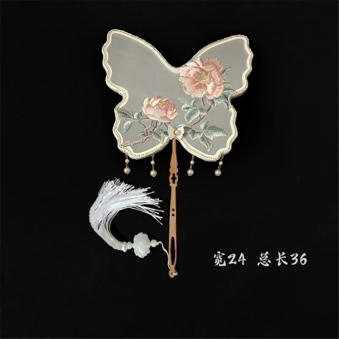 Ancient Fan Women Chinese Style Butterfly-Shaped Embroidery Fan Dance Summer Classical Hanfu Women Tassel Small Round Fan