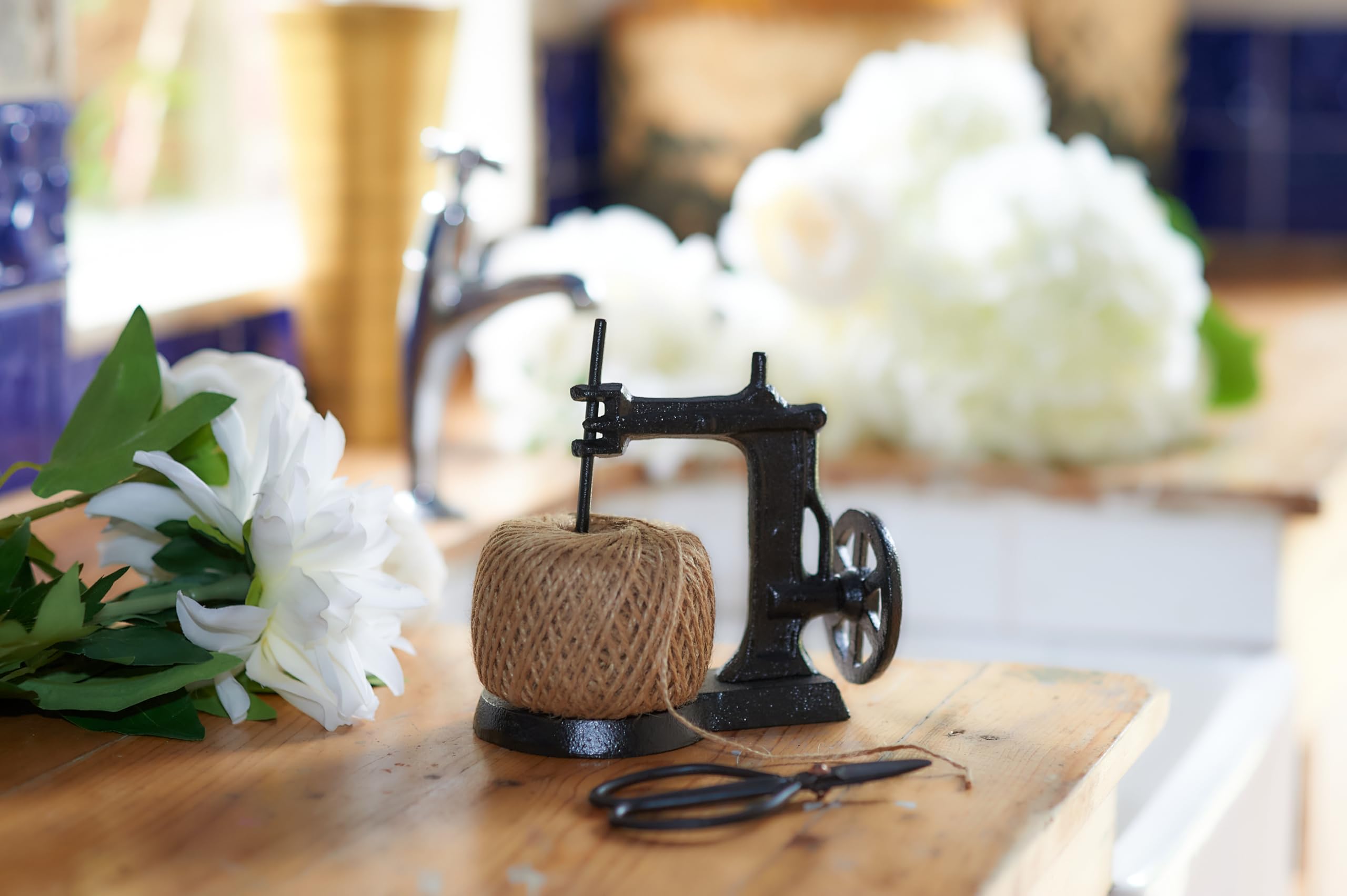 Cast Iron Sewing Machine Twine Holder & Scissor Set