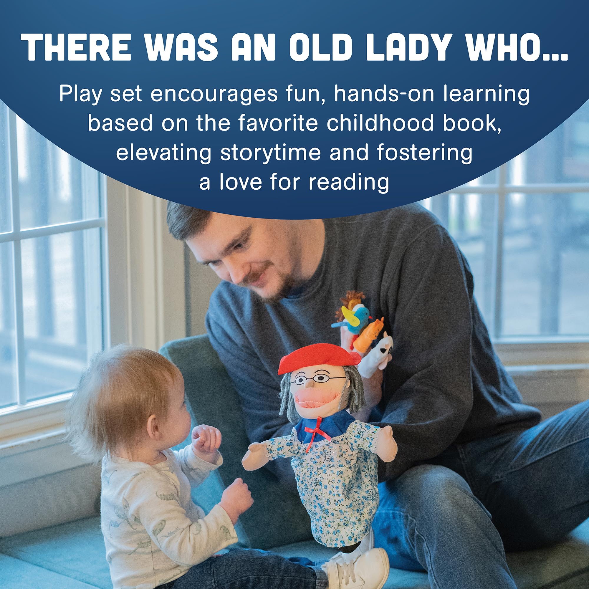 Constructive Playthings Plush "Old Lady" Doll and Animal Finger Puppet Props Set for "There Was An Old Lady Who Live Swallowed a Fly" Children's Book, For Kids Ages 3+