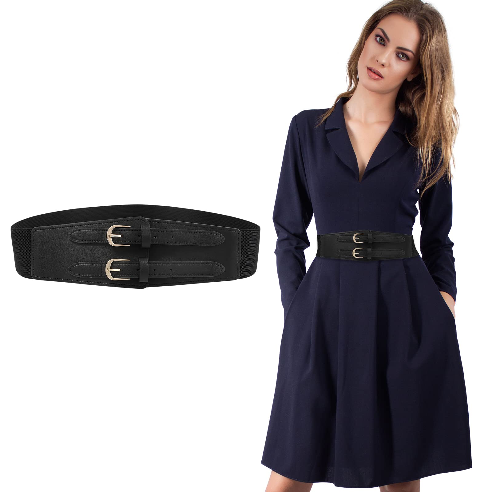 AWAYTR Double Buckle Women's Elastic Belt - Ladies Stretchy Wide Belts for Dresses, Leather Waist Belts for Women Jeans๏ผBlack 31-33.5"๏ผ