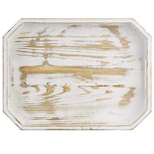 MyGift Shabby White Washed Solid Wood Large Serving Breakfast Tray with Cut-out Handles and Angled Edges, Decorative Ottoman Coffee Table Server Tray Platter, 16 x 12 inch