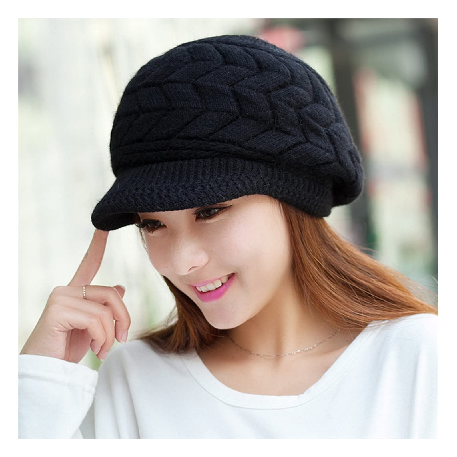 Andiker Women Winter Knit Hat with Brim, Elegant Beanie Cap with Warm Fleece Lined (Black)
