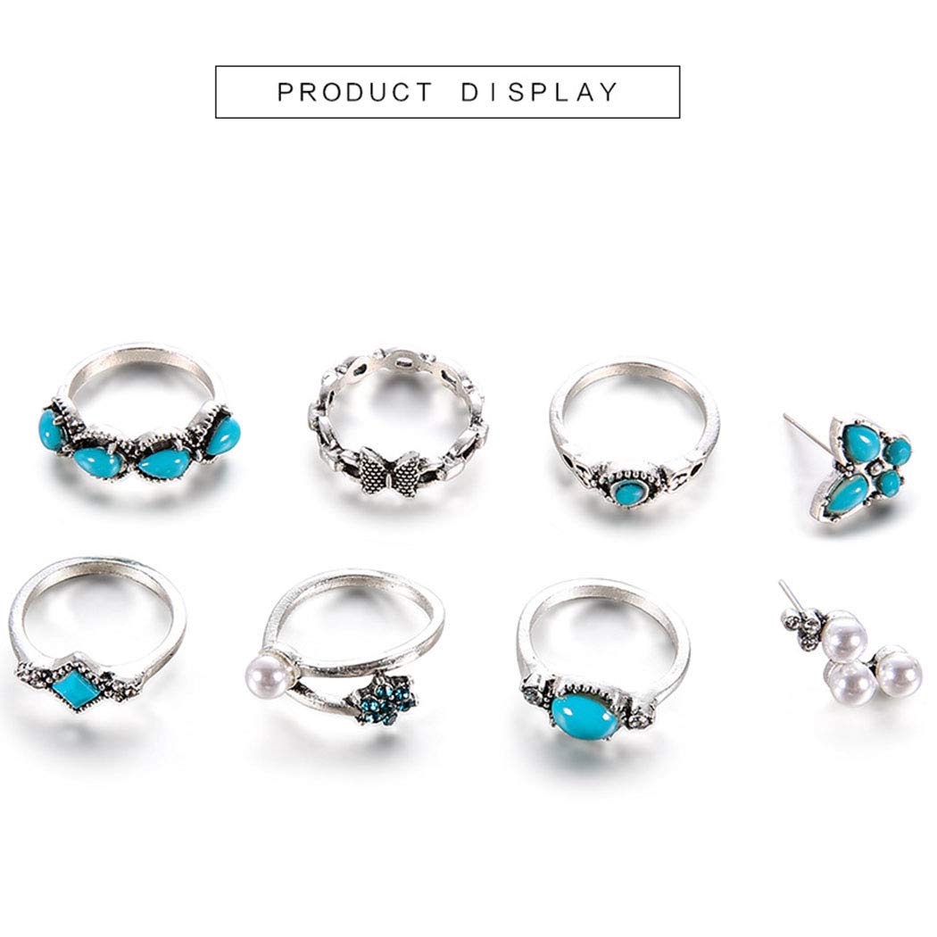 Ajacry Boho Turquoise Knuckle Ring Gold Butterfly Stackable Midi Finger Rings Set Flower Hollowing Joint Rings Set Hand Accessories for Women and Girls (8Pcs)