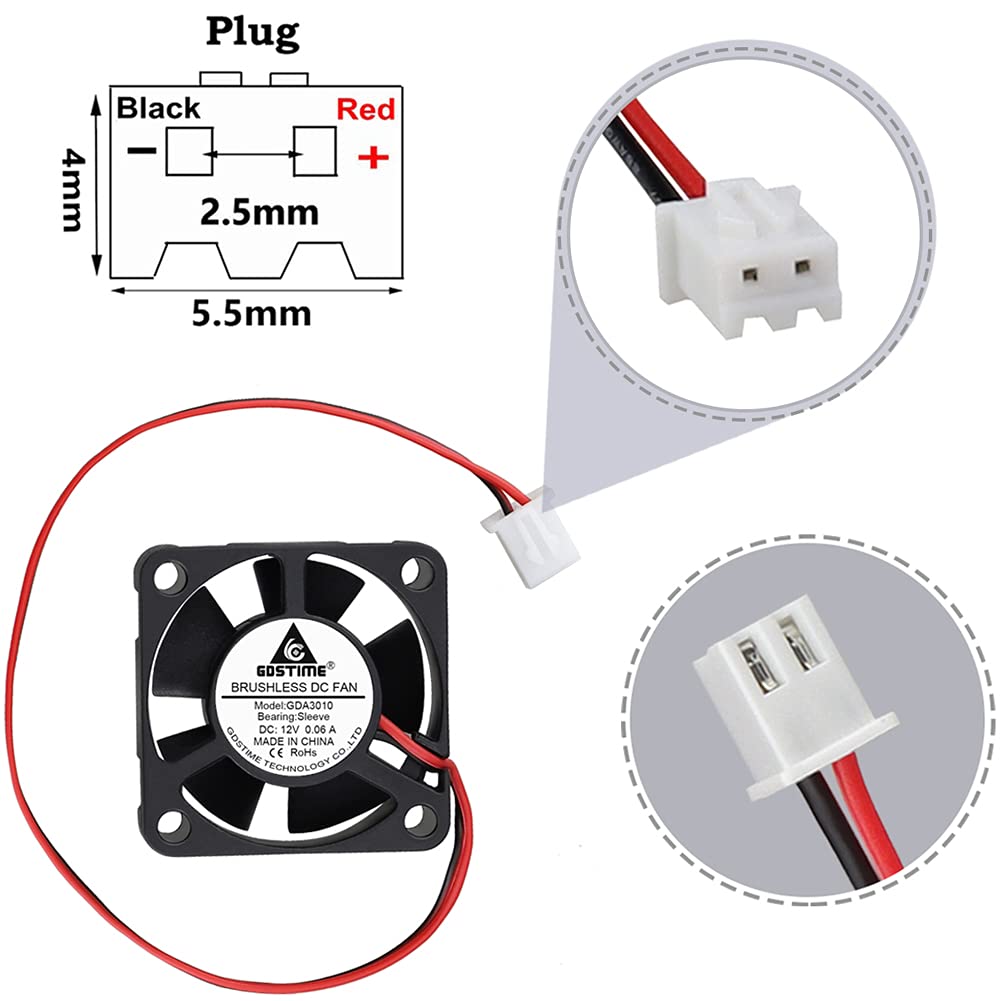 GDSTIME 30mm x 30mm x 10mm 1 inch Small 12V DC Brushless Cooling Fan 2-Pack
