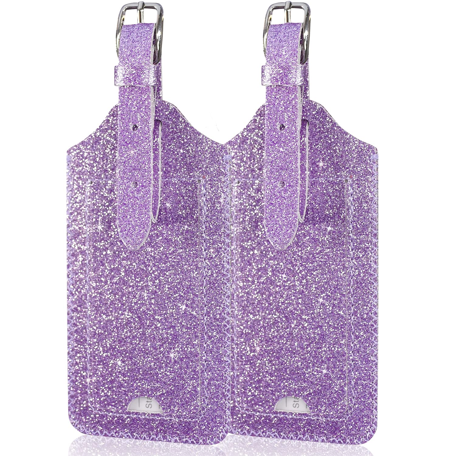 ACdream Luggage Tags 2 Pack, Leather Suitcase Tags Identifiers, Cute Cruise ID Labels with Privacy Cover fits on Backpack, Travel Bag, for Women, Men, Adults, Kids, Glitter Purple